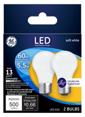 GE Ceiling Fan LED Light Bulbs, Soft White, Frosted, Dimmable, 500 ...