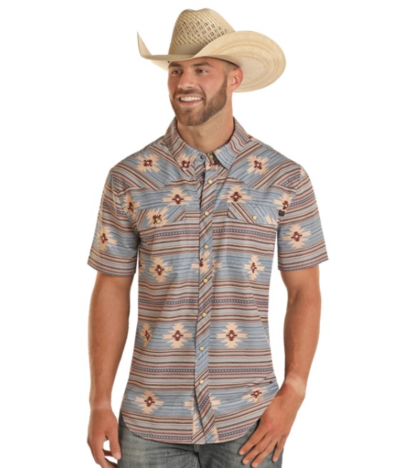 Rock & Roll, Men's Tek Western Blue Aztec Snap Short Sleeve - Wilco ... Rock & Roll, Men's Tek Western Blue Aztec Snap Short Sleeve - Wilco ...
