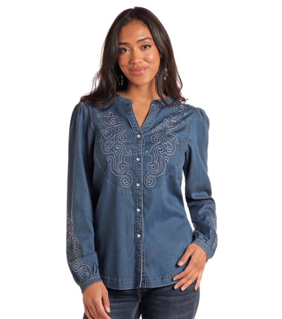 Panhandle, Ladies Embroidered Chambray Button-Up Blouse - Wilco Farm Stores